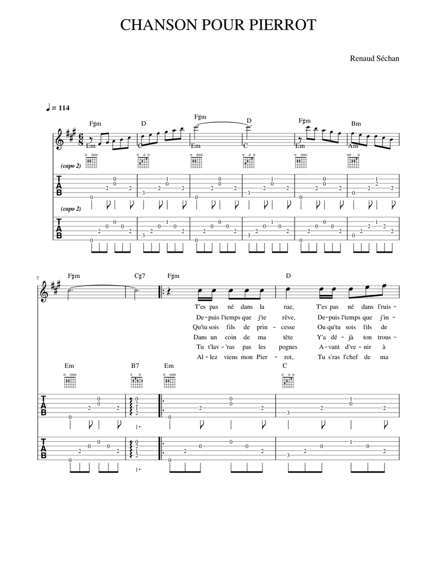 CHANSON POUR PIERROT - Renaud Séchan Sheet Music and Tab with Chords ...