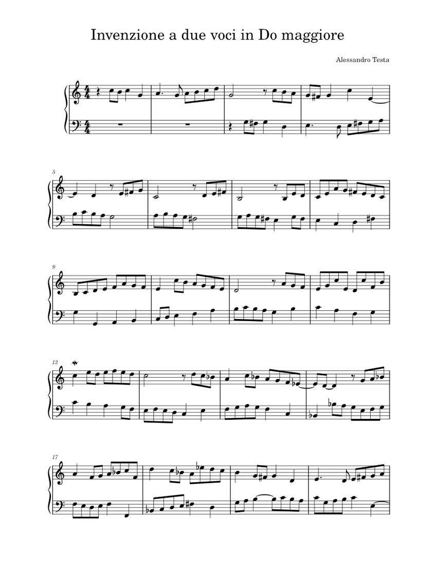 Invenzione a due voci in Do maggiore Sheet Music for Piano (Solo) Easy ...