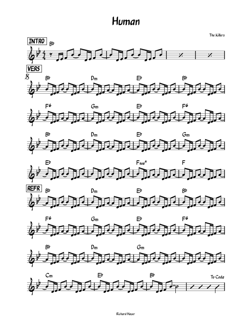 Human – The Killers Human Sheet Music with Chords for Piano (Jazz Band ...