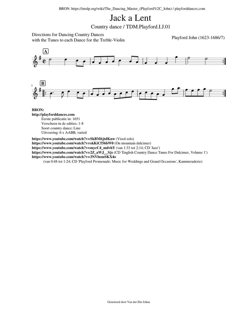 Jack a Lent (TDM.Playford.I.J.01) Sheet music for Violin (Solo ...