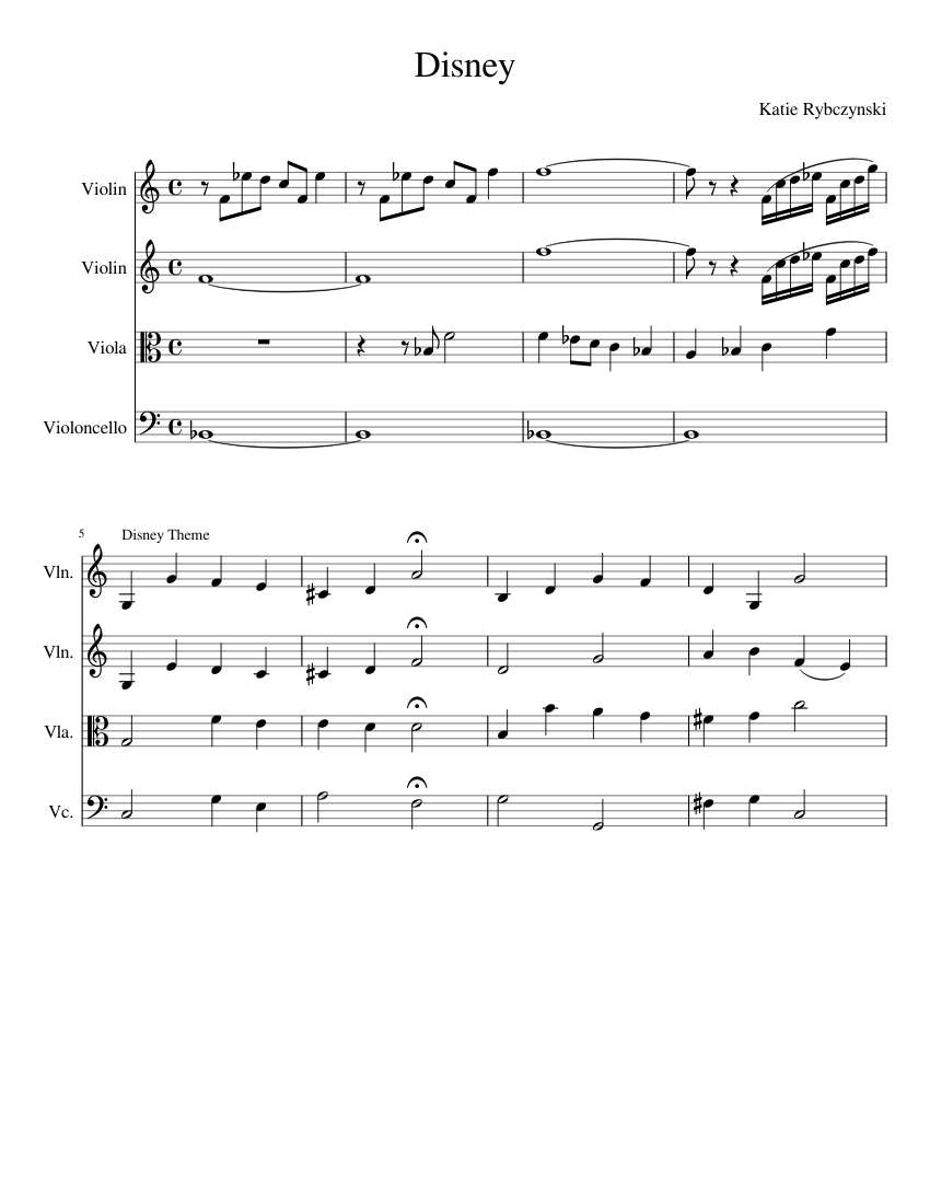 Disney Theme :) Sheet Music for Violin, Viola, Cello (String Quartet ...