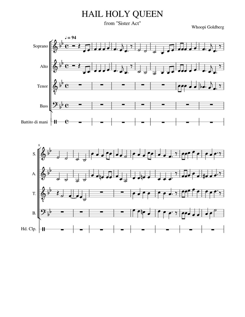 HAIL HOLY QUEEN from Sister act Sheet Music for Soprano, Alto, Tenor ...