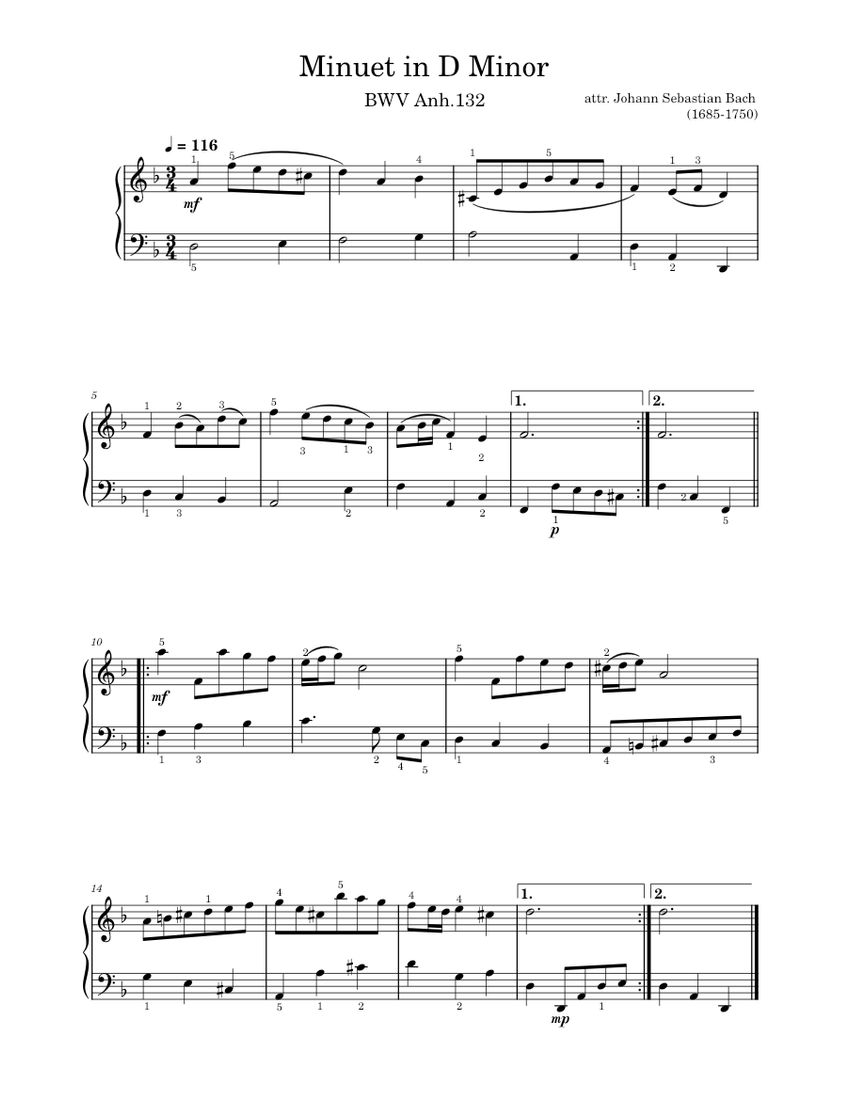 Minuet in D minor, BWV Anh.132 – Johann Sebastian Bach Sheet Music for Piano (Solo) Easy ...