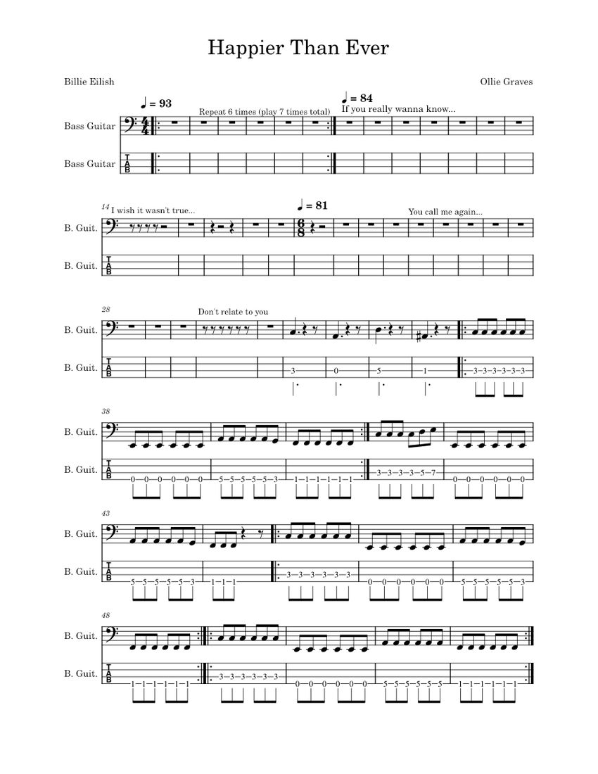 Happier Than Ever Bass Tab – Billie Eilish Sheet Music for Bass guitar ...