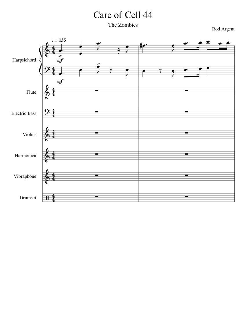 Care of Cell 44 Sheet Music with Chords for Harpsichord, Flute ...