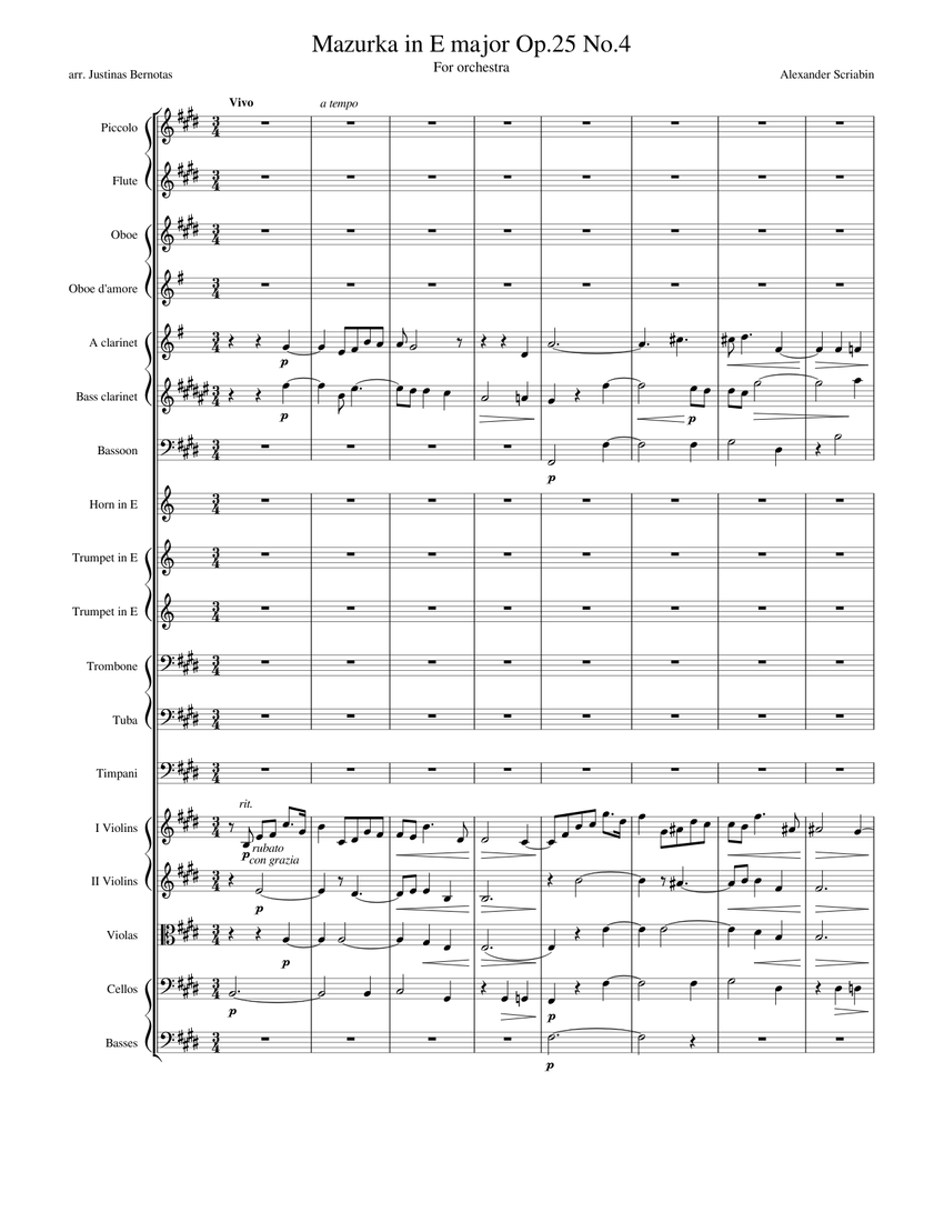Scriabin, Mazurka in E major Op.25 No.4 (original orchestration) Sheet ...