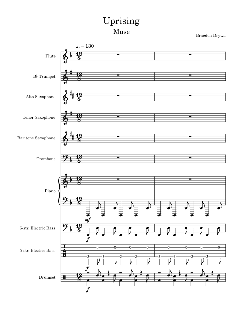 Uprising – Muse Sheet music for Piano, Trombone, Flute, Saxophone alto ...