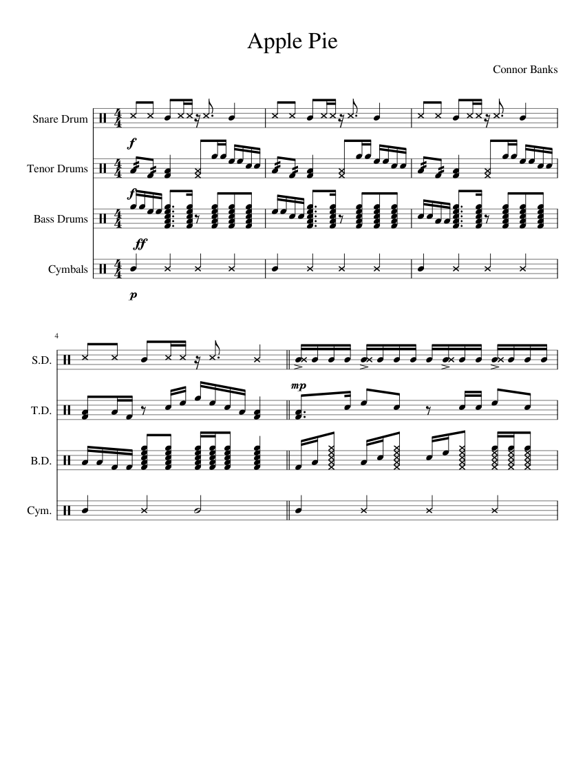 Apple Pie Sheet Music for Snare drum, Crash, Tenor drum, Bass drum ...