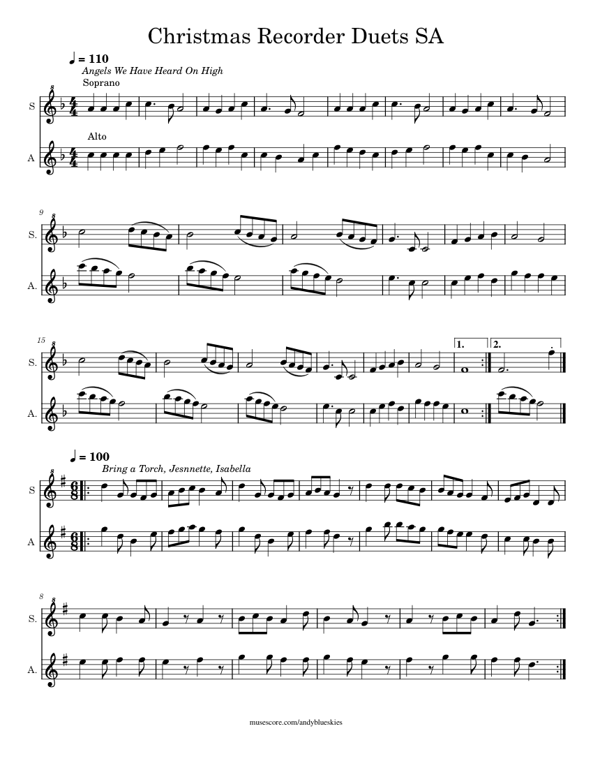 Christmas Recorder Duets SA Sheet Music for Recorder (Woodwind Duet ...