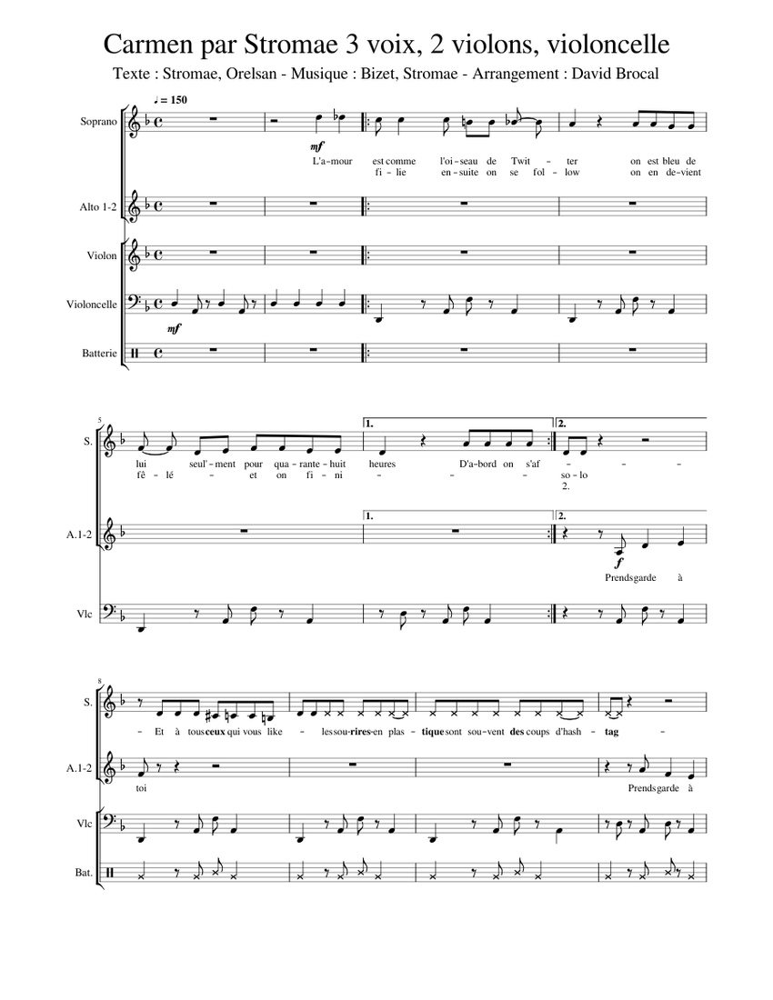 Carmen_par_Stromae_3_voix_2 violons_violoncelle Sheet music for Soprano, Alto, Violin, Cello ...