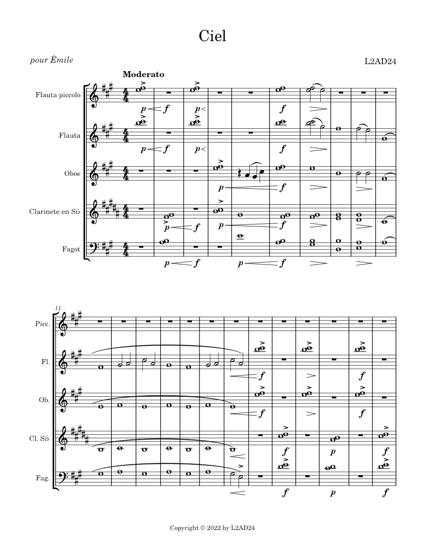 Ciel - L2AD24 Sheet music for Flute piccolo, Flute, Oboe, Clarinet in b ...