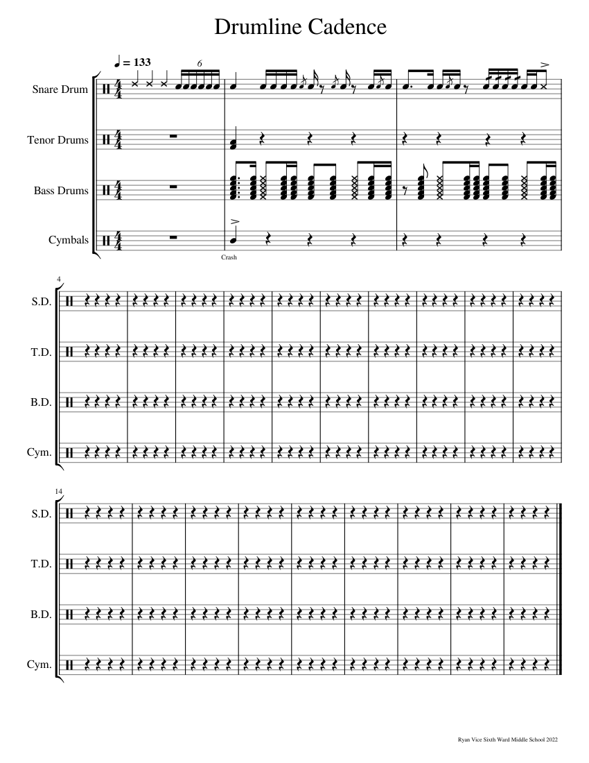 Drumline Cadence Sheet music for Snare drum, Crash, Tenor drum, Bass ...