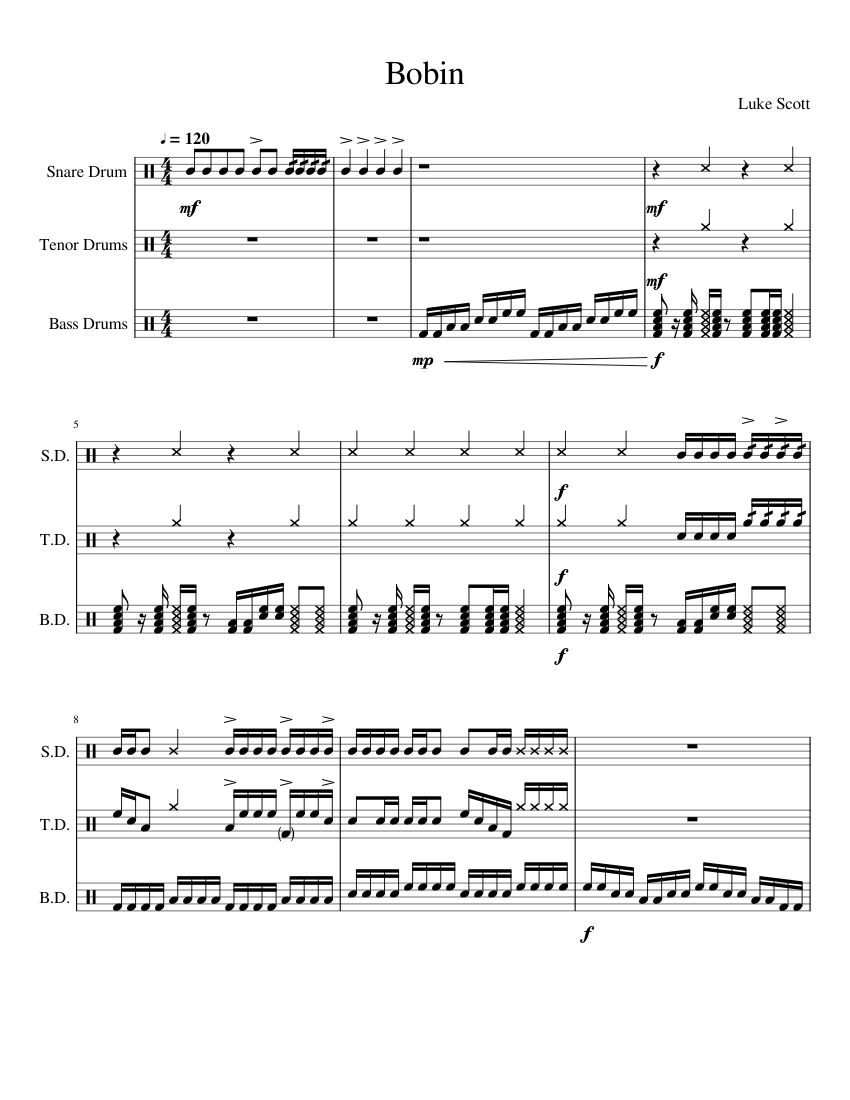 Bobin Sheet music for Snare drum, Tenor drum, Bass drum (Marching Band ...