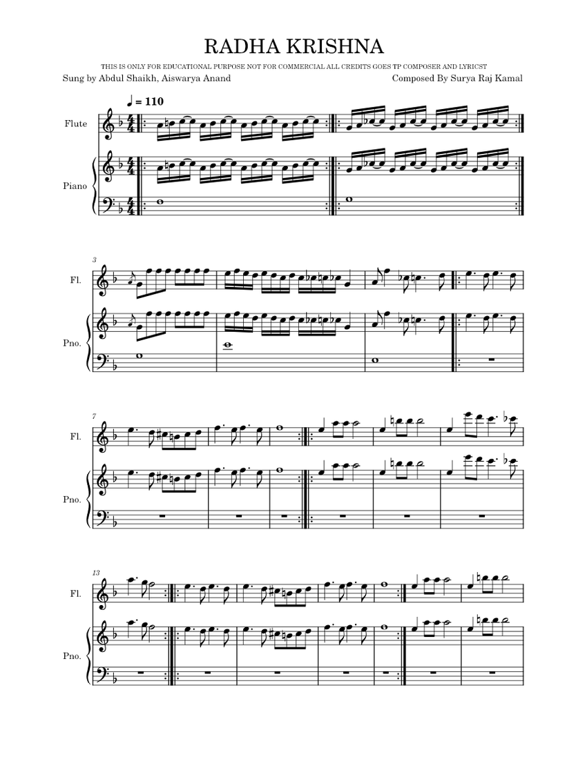 Radha Krishna – Surya Raj Kamal Sheet Music for Piano, Flute (Solo ...