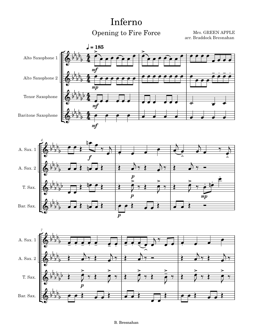 Inferno – Mrs. GREEN APPLE Sheet Music for Saxophone alto, Saxophone ...