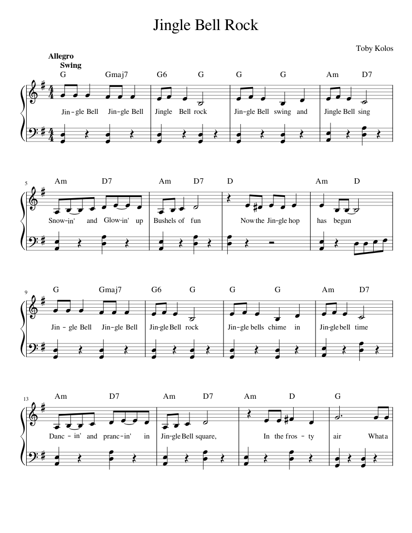 Jingle Bell Rock with chords Sheet Music for Piano (Solo) easy ...