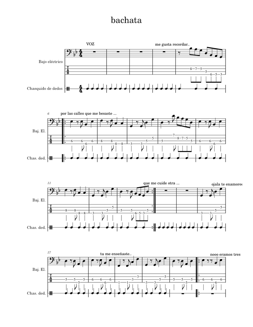 bachata Sheet Music and Tab for Bass guitar, Snap (Mixed Duet ...