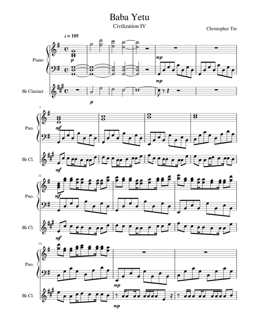 Baba Yetu for Clarinet and Piano Sheet Music for Piano, Clarinet in b-flat (Solo) | MuseScore.com