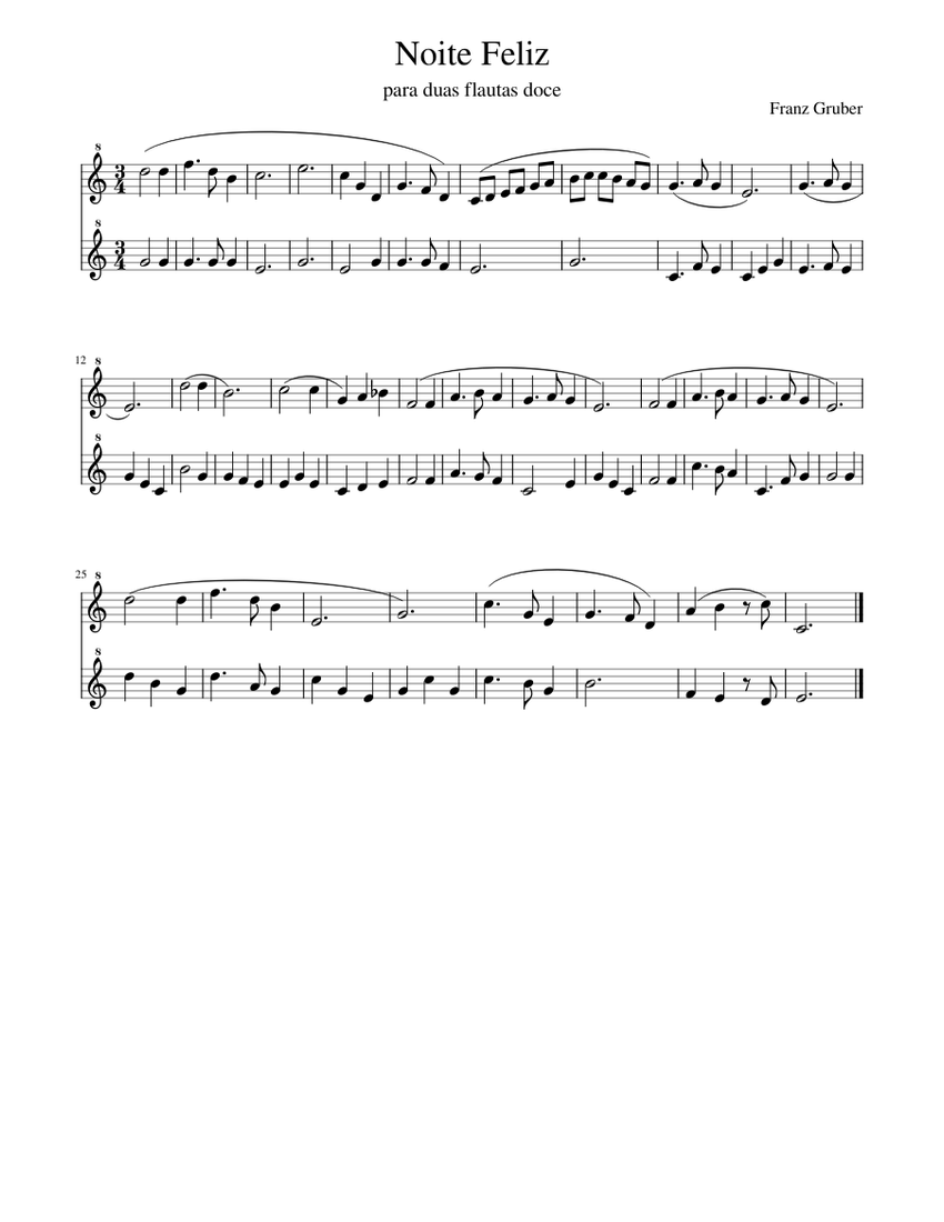 Silent Night Recorder Duet Version Sheet music for Recorder (Woodwind ...