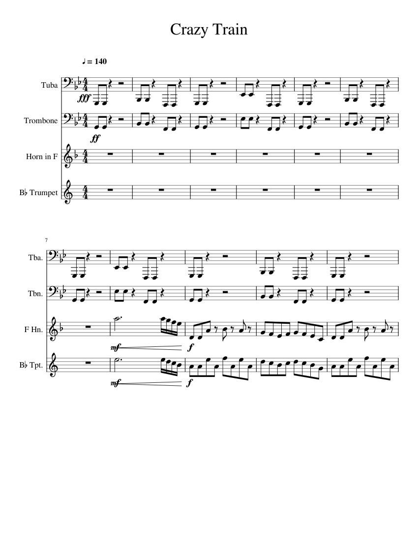 Crazy Train Sheet Music for Trombone, Tuba, Trumpet other (Mixed Trio ...