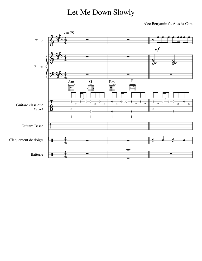 Let Me Down Slowly Arr Sheet Music and Tab for Piano, Flute, Guitar ...