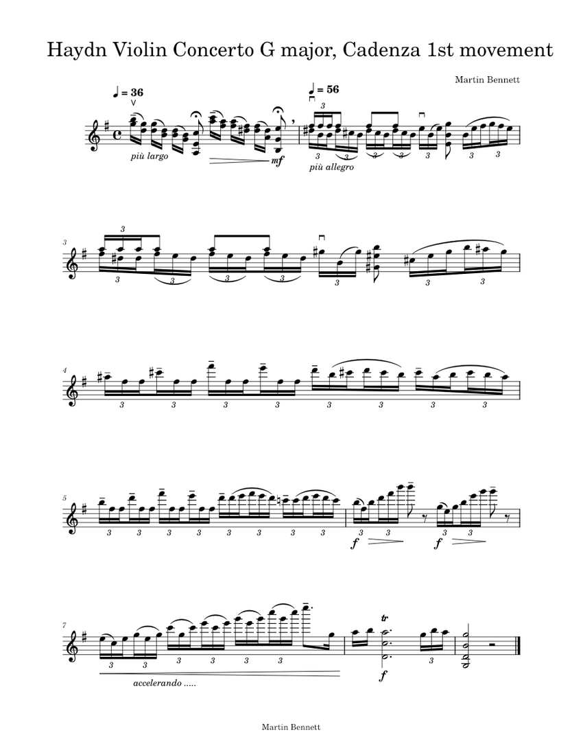 Haydn Violin Concerto G major, Cadenza 1st movement Sheet Music for ...