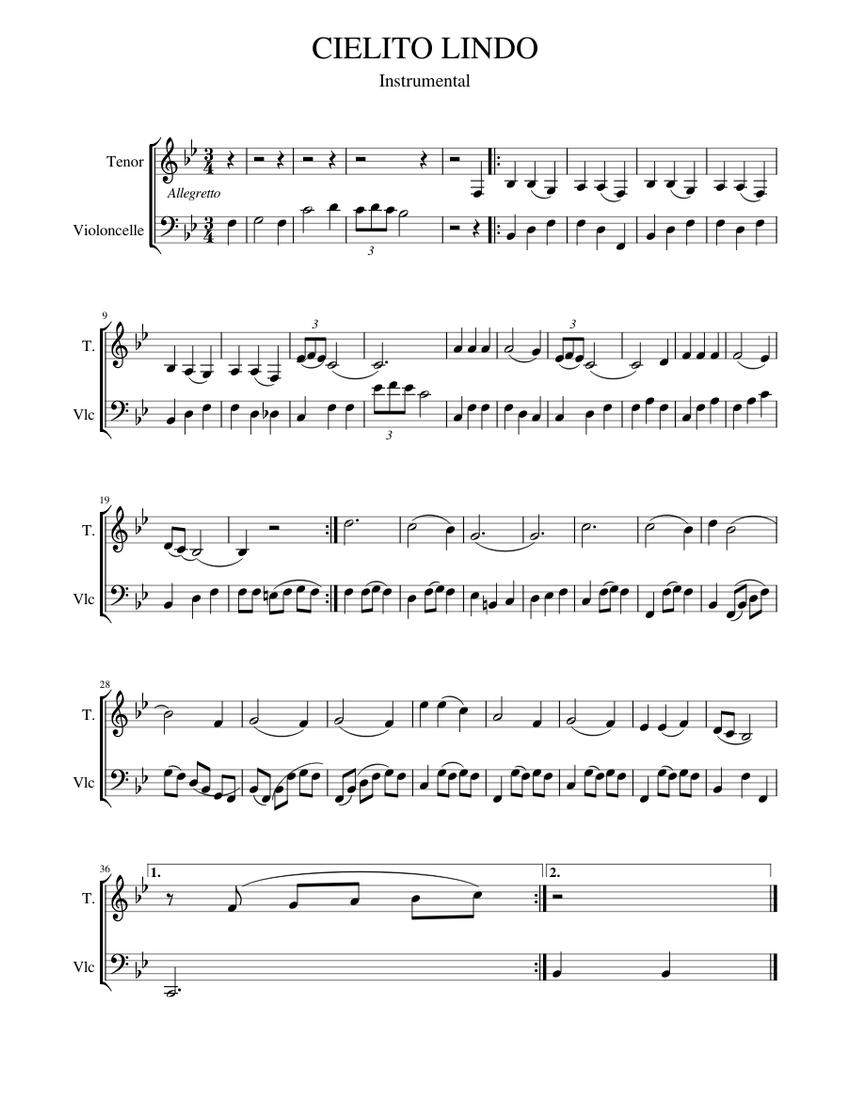 Cielito lindo Sheet music for Tenor, Cello (Mixed Duet) | Musescore.com