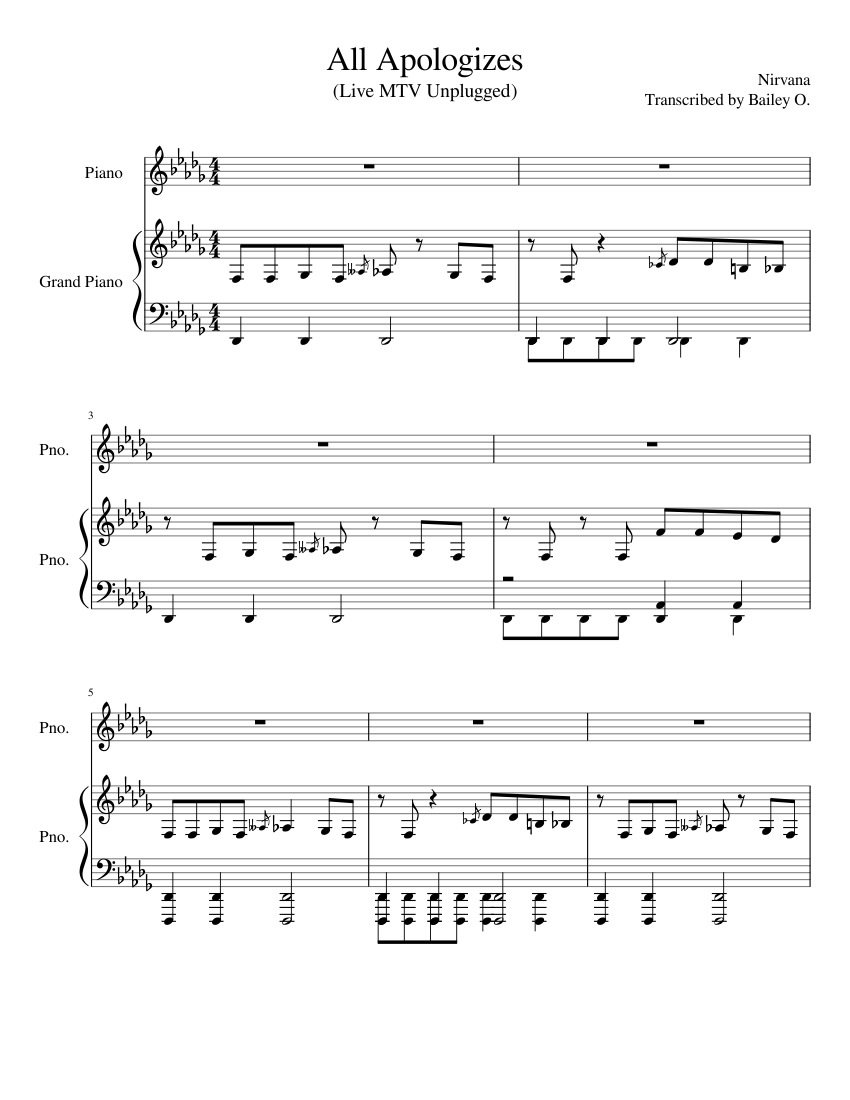 All Apologies Sheet Music for Piano (Piano Duo) | MuseScore.com