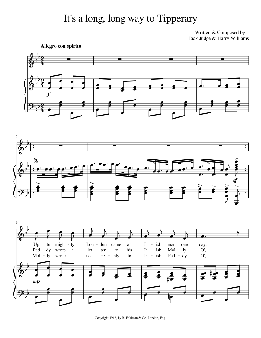 It's A Long Way to Tipperary Sheet Music for Piano, Vocals (Piano-Voice ...