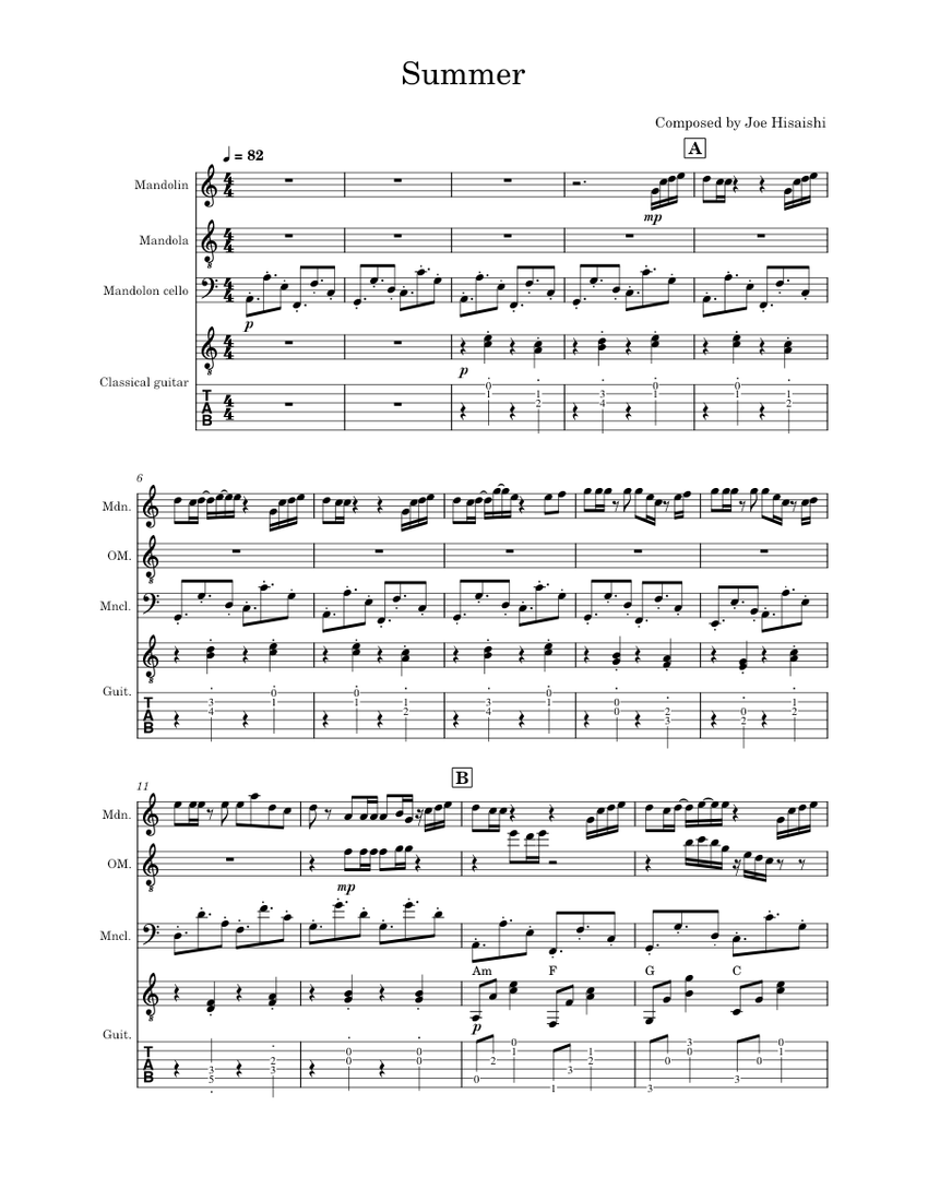 Summer Sheet Music for Guitar, Mandolin (Mixed Quartet) | MuseScore.com