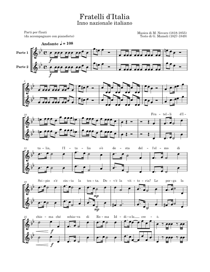 Fratelli Ditalia Flauto Dolce M Novaro G Mameli Sheet Music For