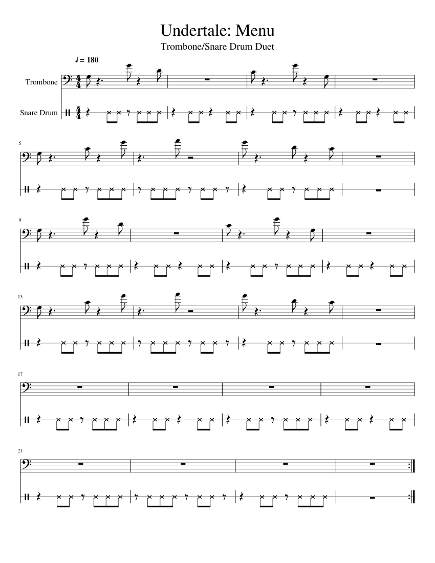 Undertale: Menu - Trombone/Snare Drum Duet Sheet music for Trombone ...