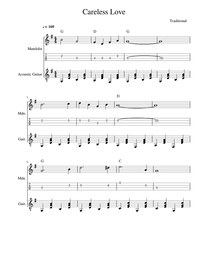 Careless Love Sheet Music and Tab with Chords for Guitar, Mandolin ...