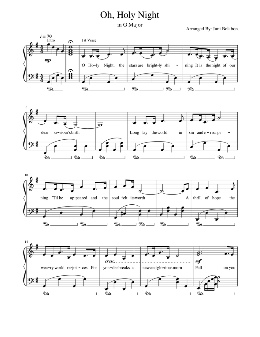 Oh, Holy Night in G Major Sheet Music for Piano (Solo) | MuseScore.com