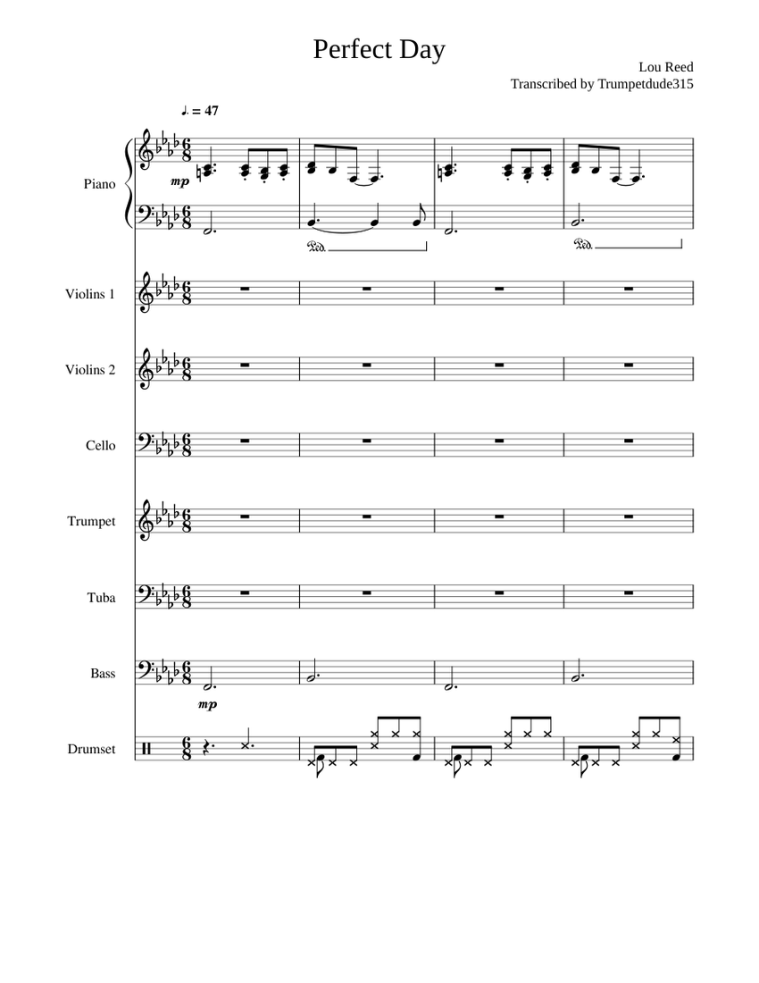 Perfect Day (Lou Reed) (Complete Instrumental) Sheet Music for Piano ...