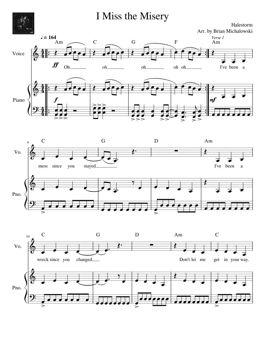 I Miss the Misery (by Halestorm) Sheet Music with Chords for Piano ...