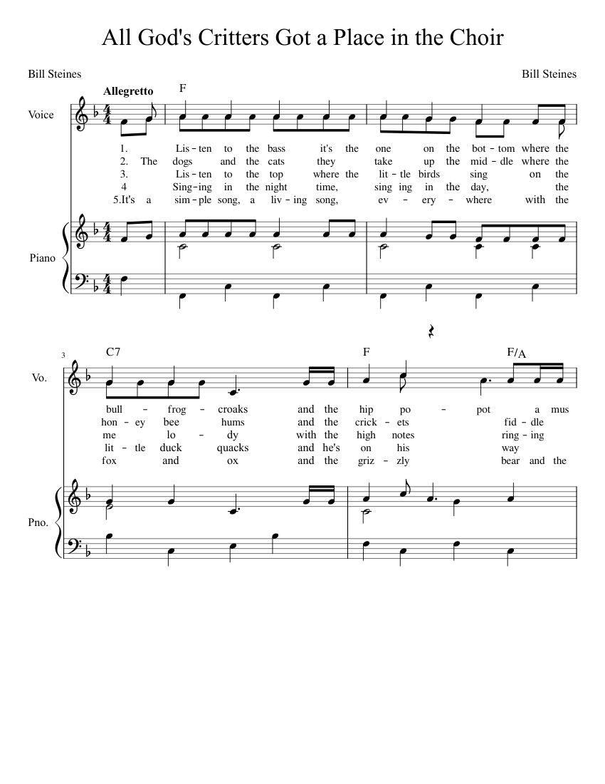 All God s Critters Got a Place in the Choir Sheet Music with Chords for ...
