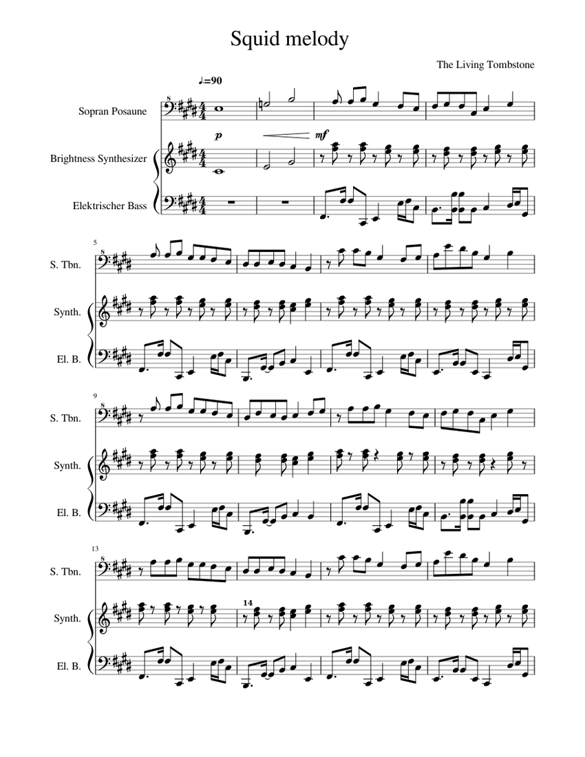 Squid melody Sheet Music for Trombone, Bass guitar, Synthesizer (Mixed ...