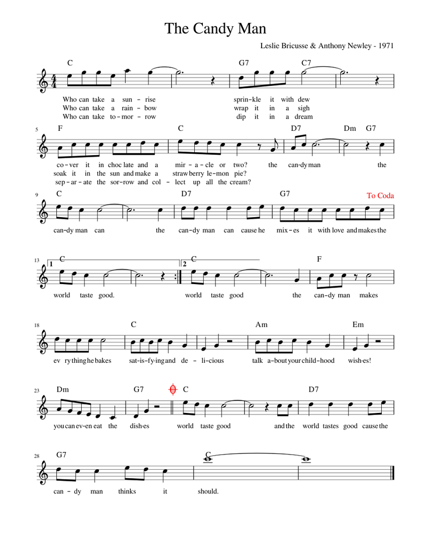 The Candy Man Sheet Music with Chords for Piano (Solo) | MuseScore.com