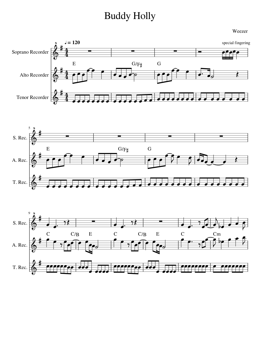 Buddy Holly - Weezer Sheet Music with Chords for Recorder (Woodwind ...