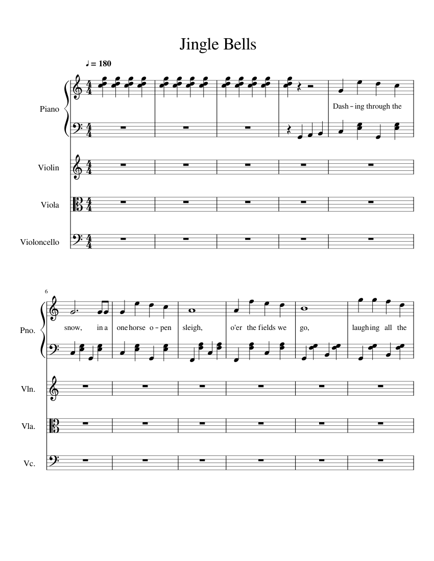 Jingle Bells Sheet Music for Piano, Violin, Viola, Cello (Piano Quartet ...