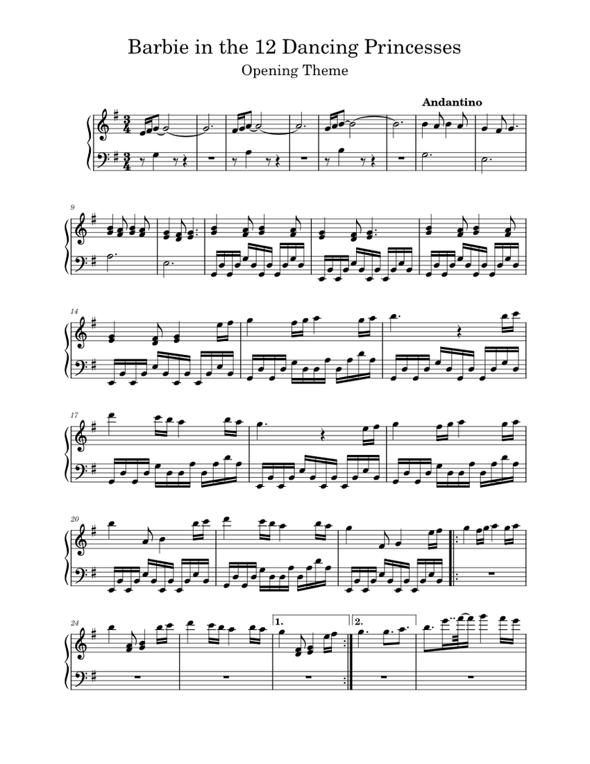Barbie in the 12 Dancing Princesses Theme Sheet Music for Piano (Solo ...