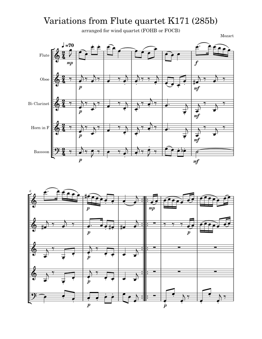 Flute Quartet in C major, K171/285b – Wolfgang Amadeus Mozart Sheet ...
