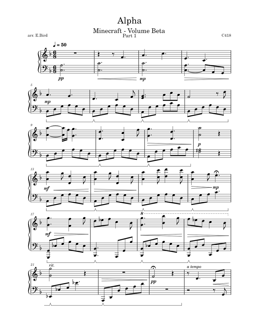 Minecraft Volume Beta - Alpha [C418] Part 1 Sheet Music for Piano (Solo ...