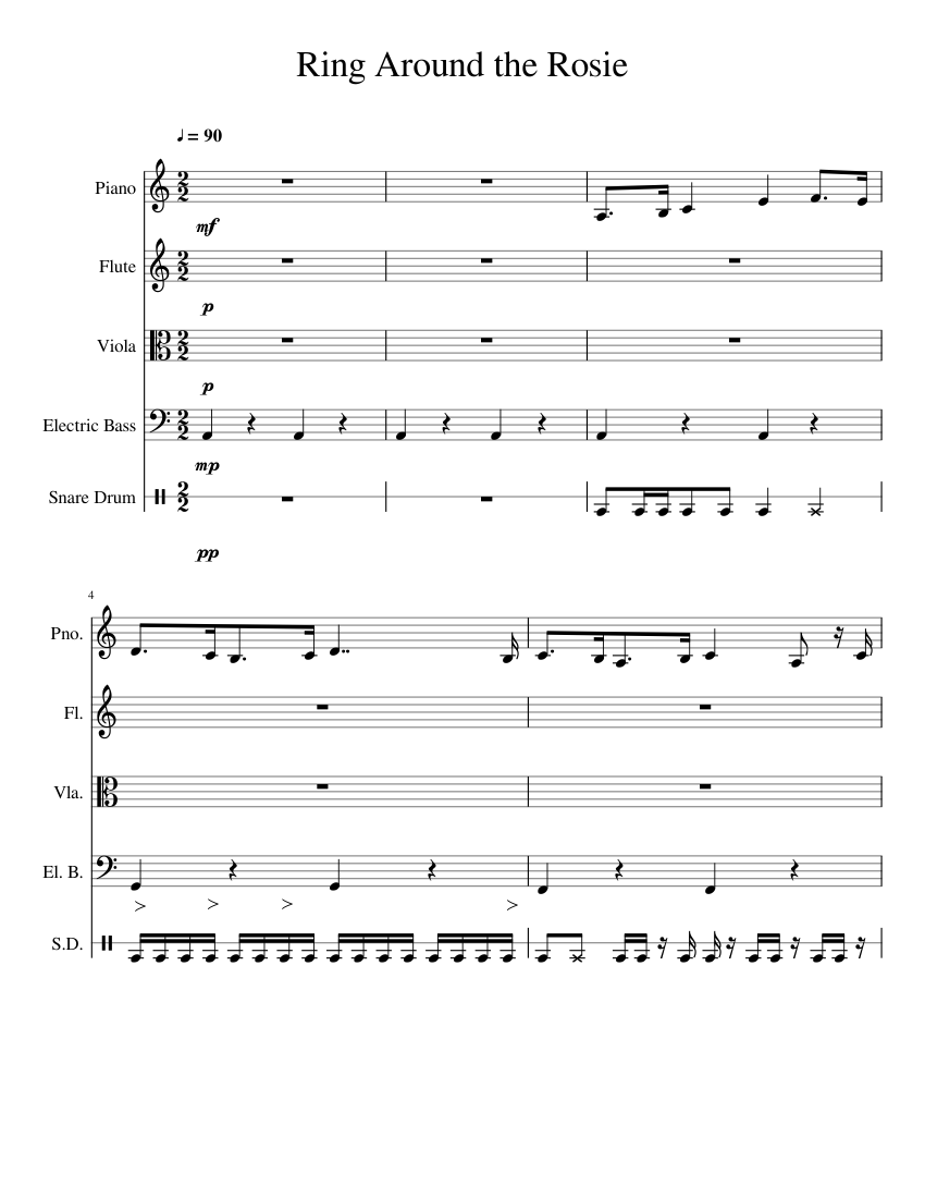 Ring Around the Rosie Sheet Music for Piano, Flute, Snare drum, Viola ...
