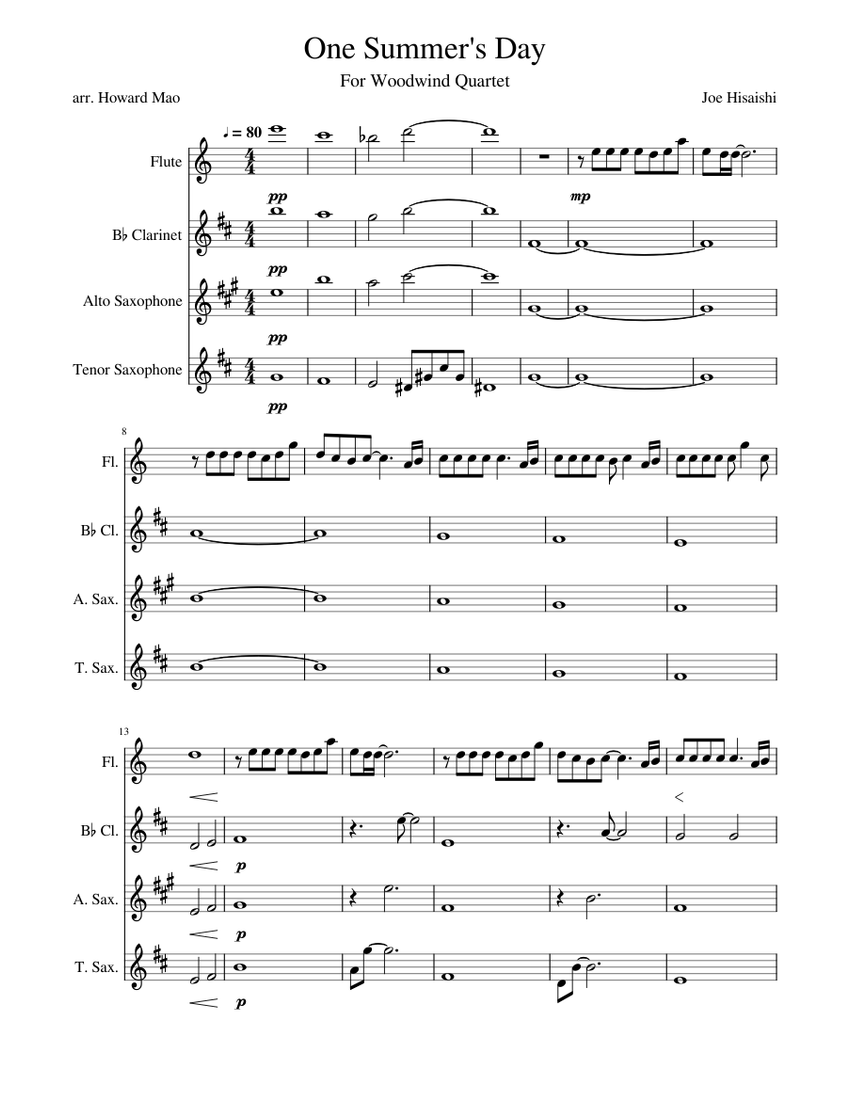 One Summer's Day Woodwinds Sheet Music for Flute, Clarinet in b-flat ...