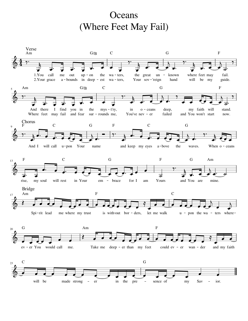 Oceans Where Feet May Fail – Hillsong United Sheet Music with Chords ...