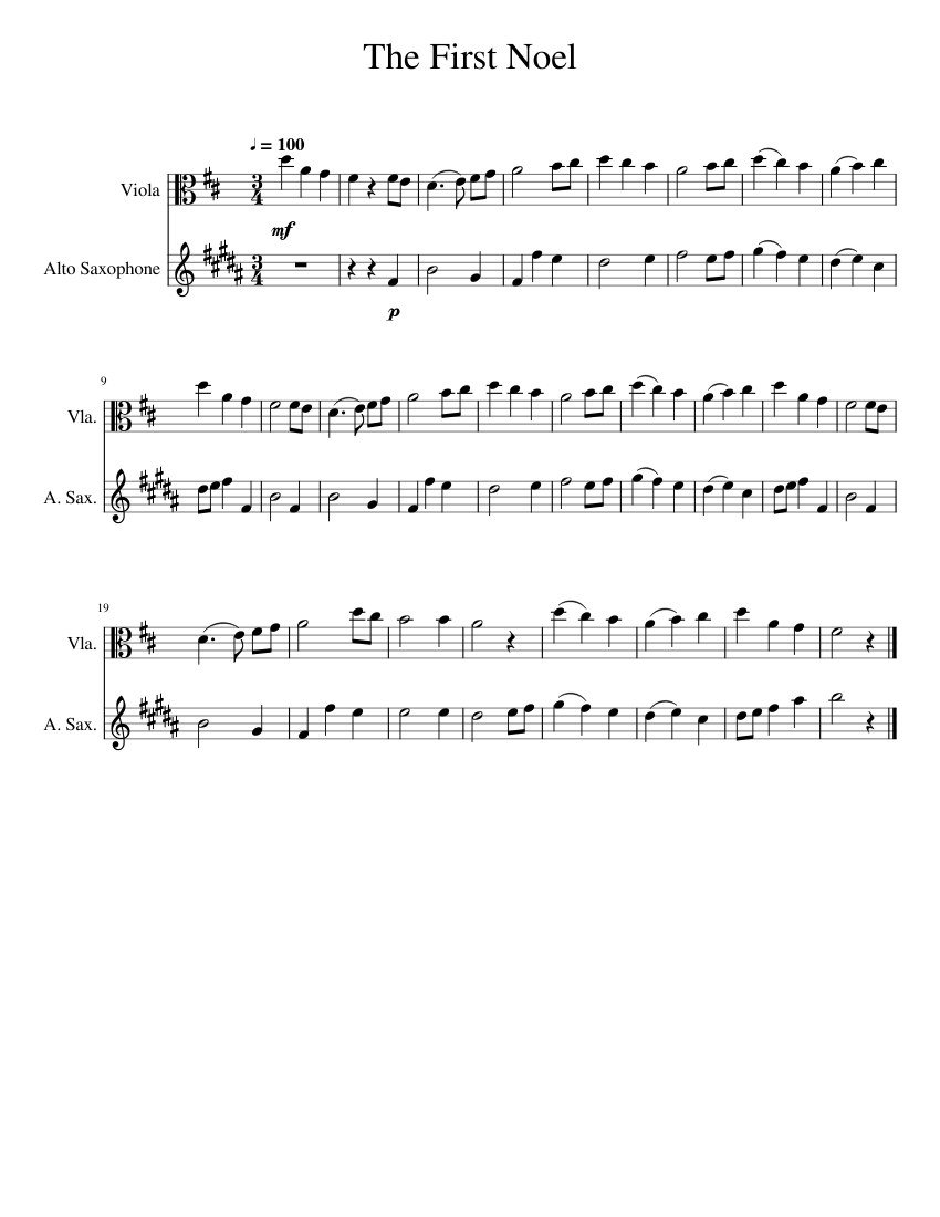 The First Noel Sheet music for Saxophone alto, Viola (Mixed Duet ...