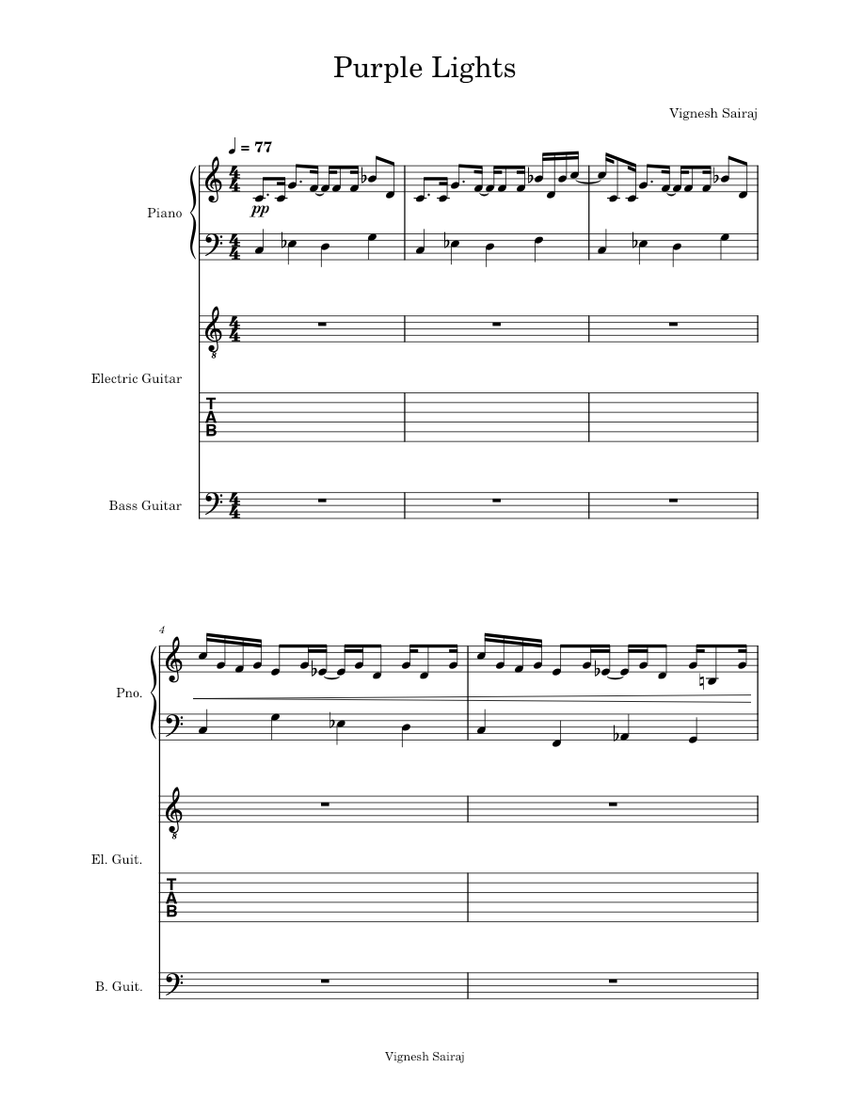 Purple Lights Sheet Music and Tab for Piano, Guitar, Bass guitar (Mixed ...