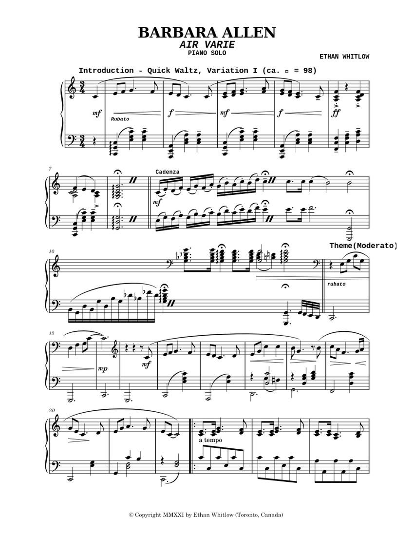 BARBARA ALLEN: AIR VARIE - ETHAN WHITLOW Sheet Music for Piano (Solo ...